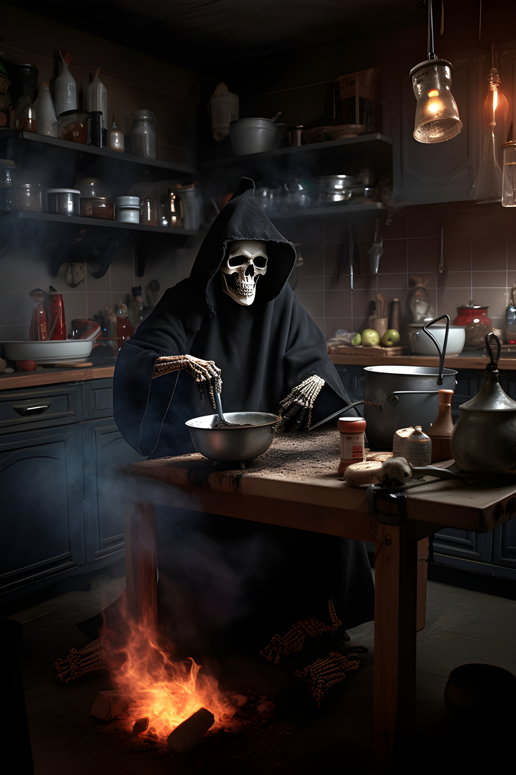 A skeleton in a kitchen cooking on a stove - Impossible Images - Unique ...