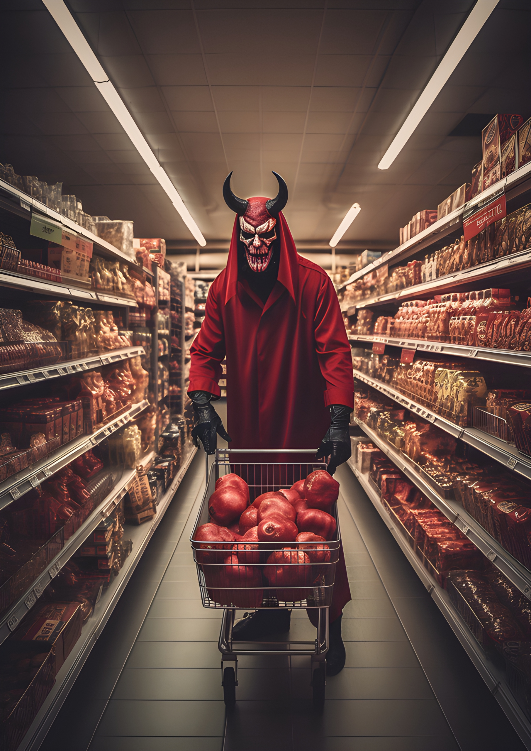A man in a red devil costume is pushing a shopping cart - Impossible ...