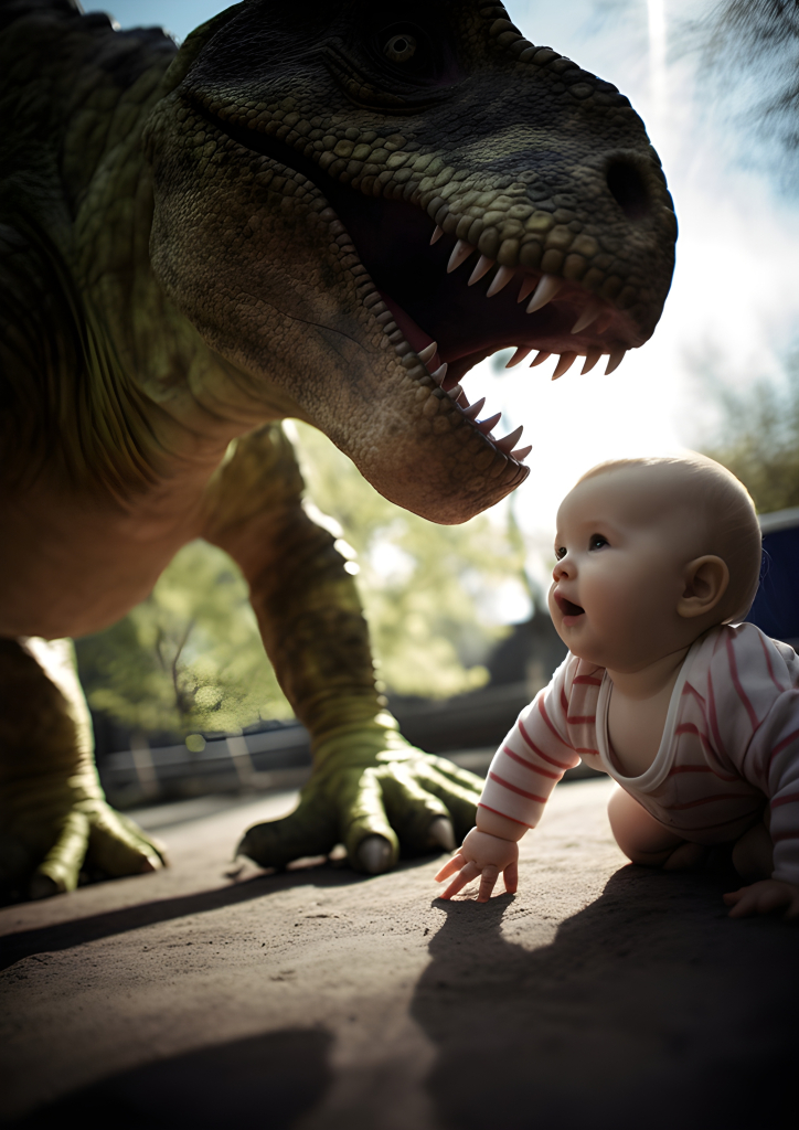 A dinosaur chasing a baby - Impossible Images - Unique stock images for ...
