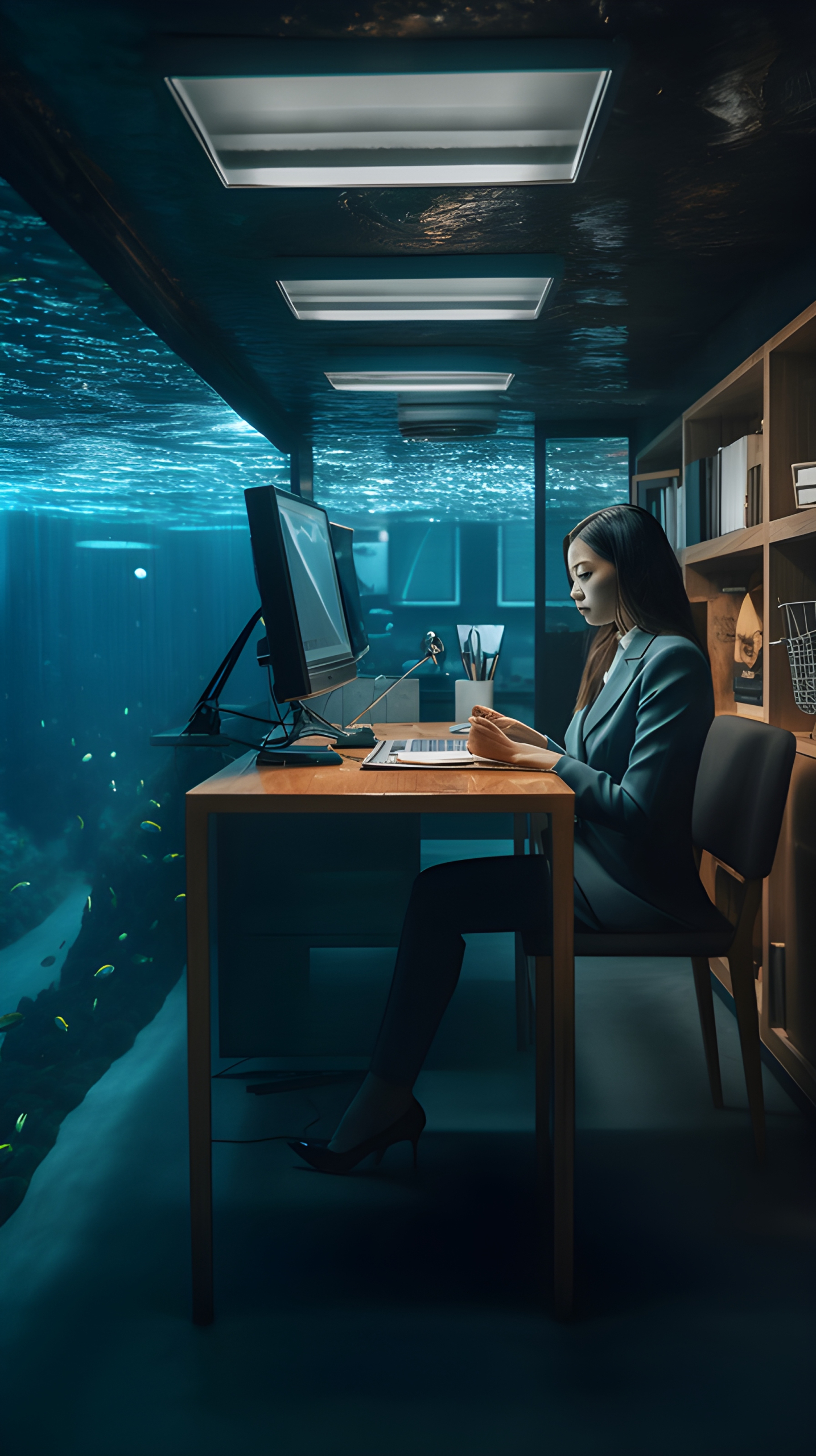 Business woman working in a underwater office - Impossible Images ...