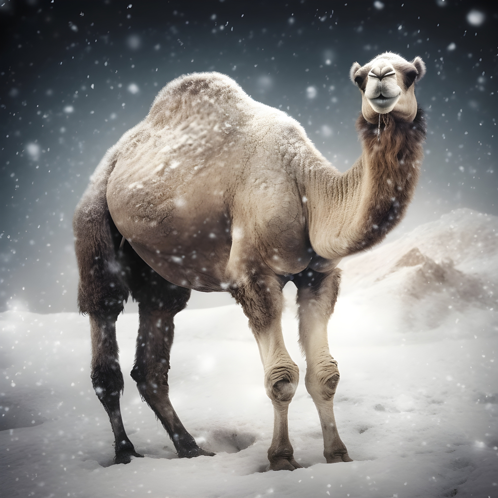Camel in snow - Impossible Images - Unique stock images for commercial use.