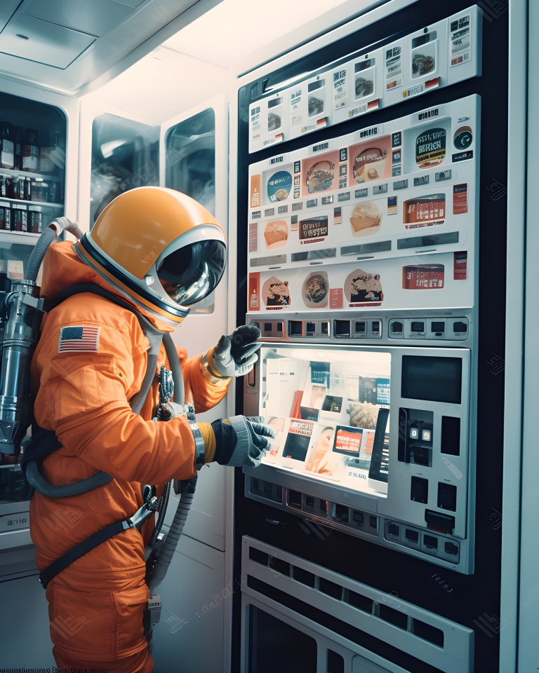 An astronaut in an orange spacesuit using a vending machine ...