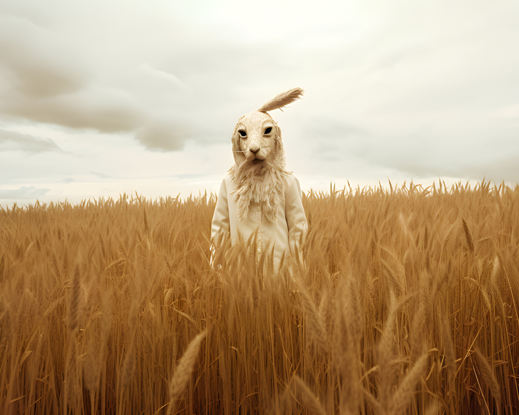 Devious white rabbit standing in a wheat field - Impossible Images ...