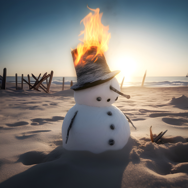 Snowman with hat on fire, on beach - Impossible Images - Unique stock ...
