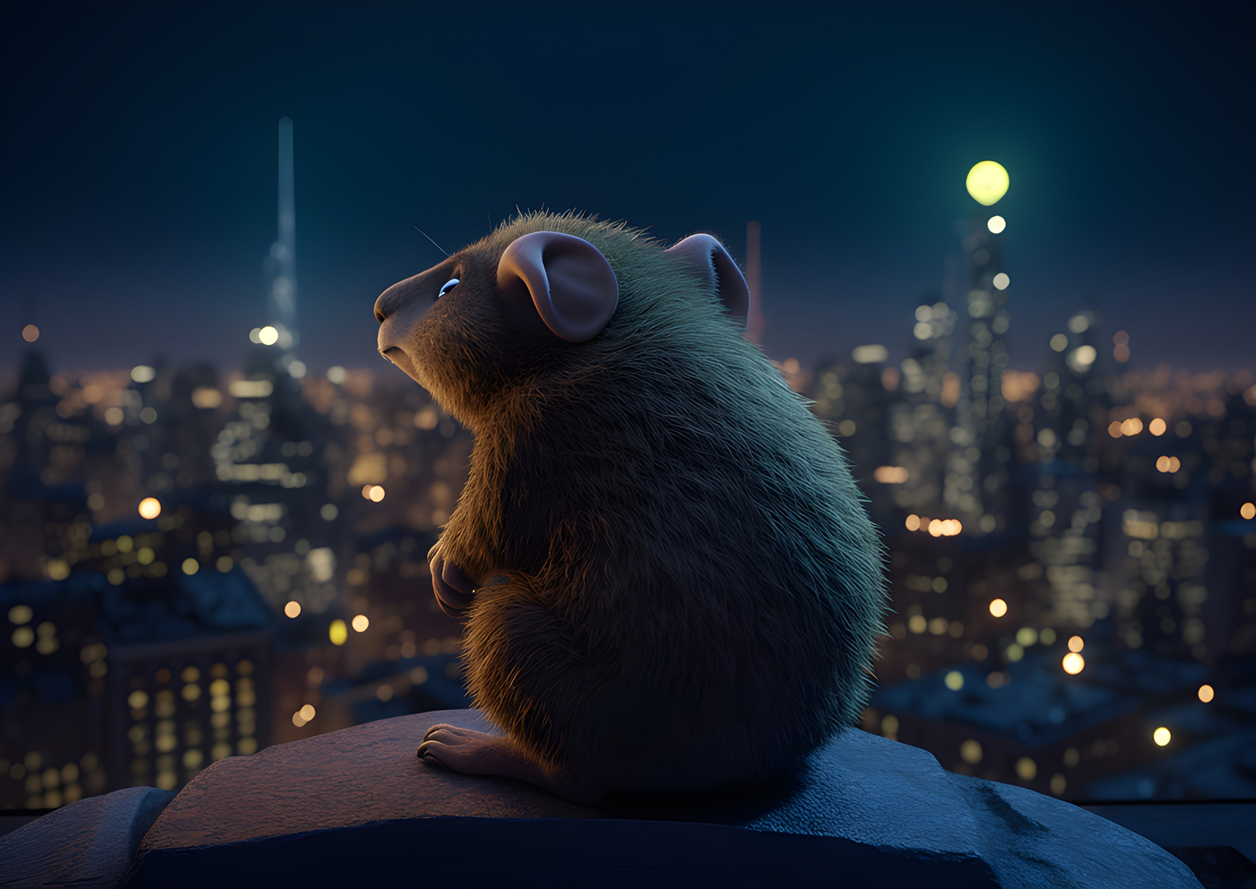 A small, furry mole sits atop a skyscraper, looking out over the ...