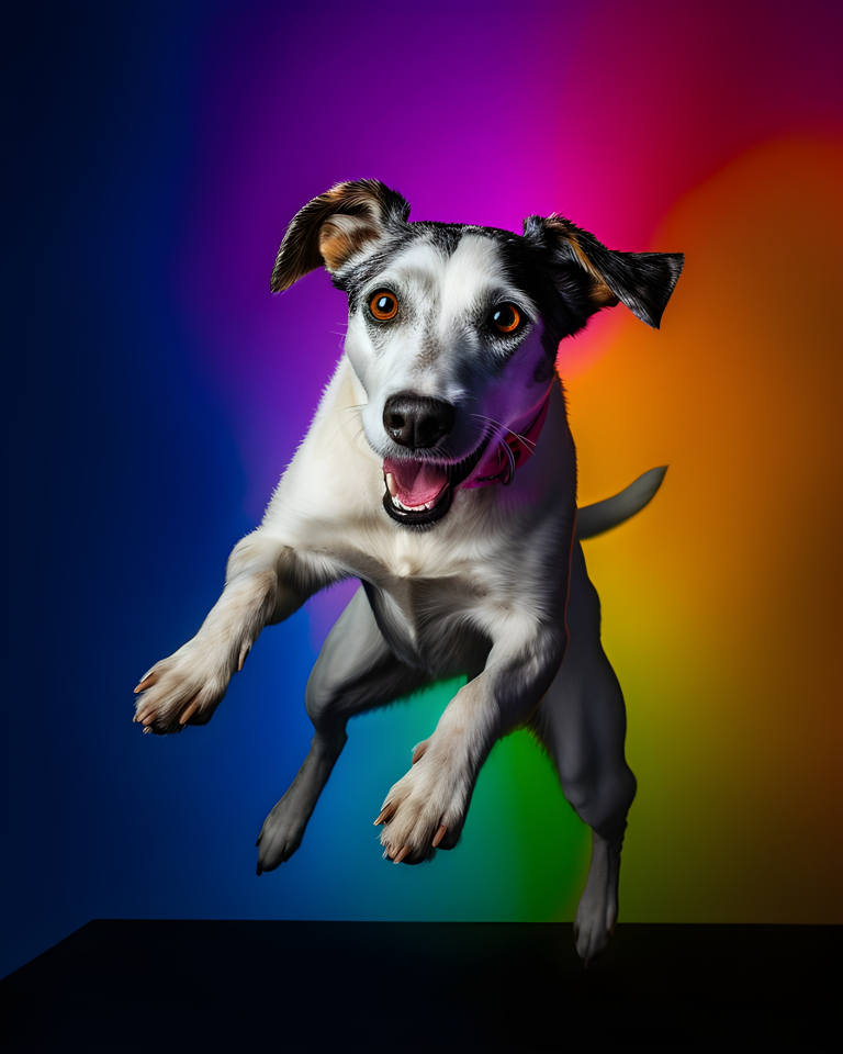 A dog leaping with a colourful rainbow background - Impossible Images ...