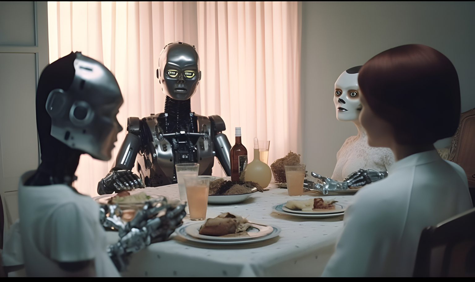 Robots and mannequins having breakfast - Impossible Images - Unique stock images for commercial use.