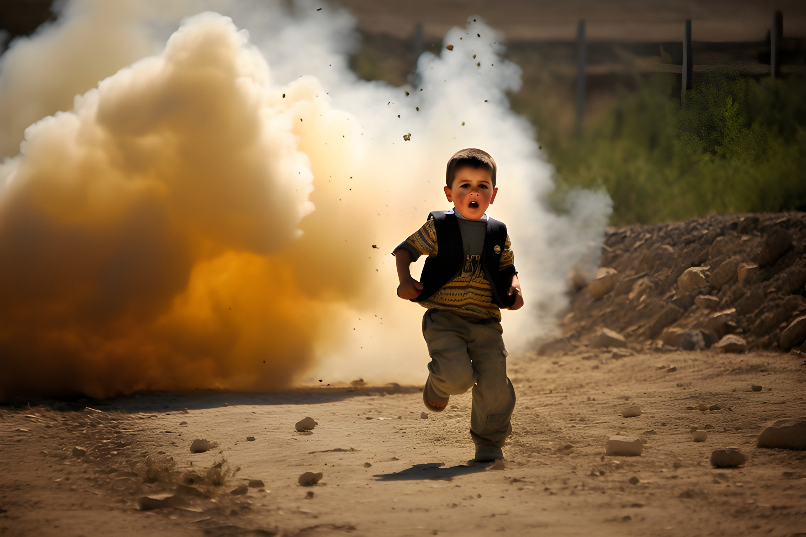A young boy running from explosions - Impossible Images - Unique stock ...