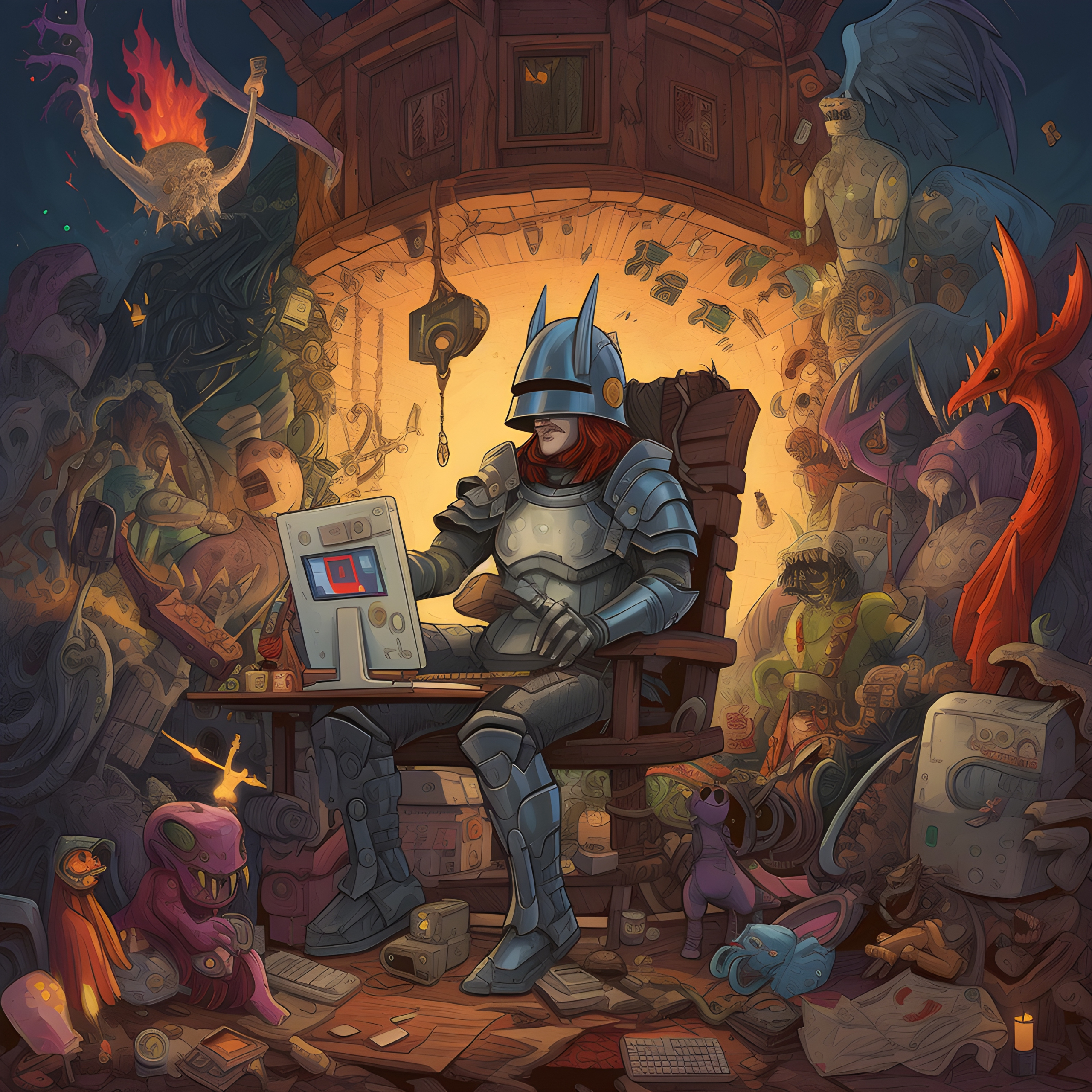 A Computer Gamer at his desk, wearing Knight Armor and surrounded by ...