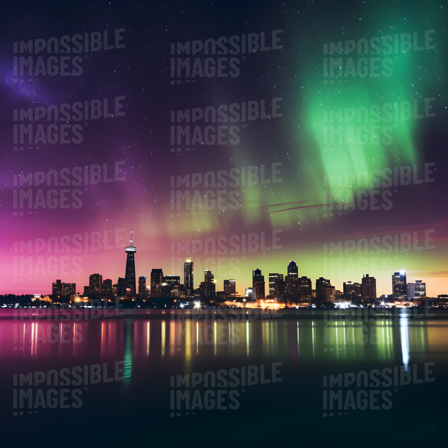 A coastal city skyline silhouetted against a glowing aurora, reflected ...
