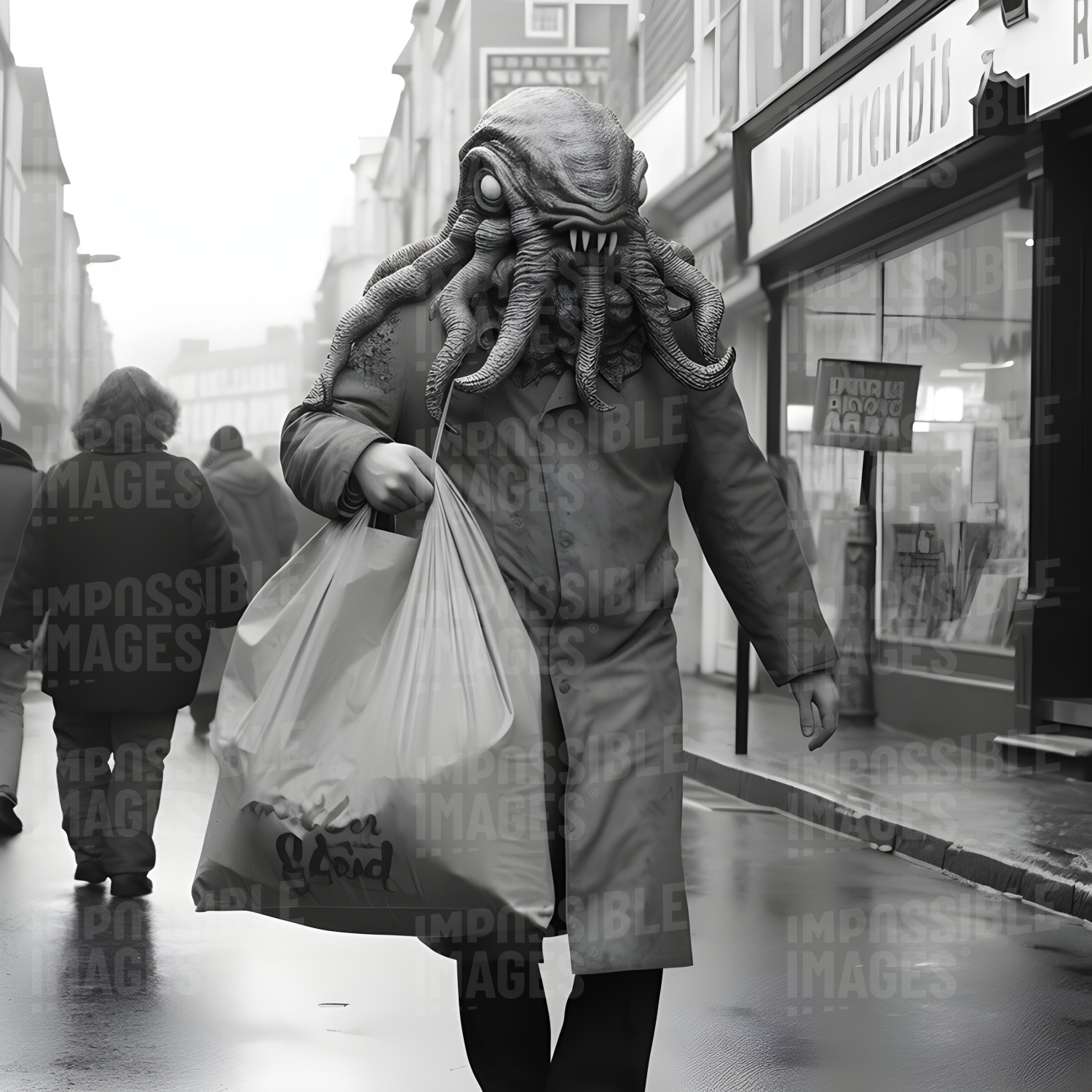 Black and white photo of the great Cthulhu grocery shopping in 1970s ...