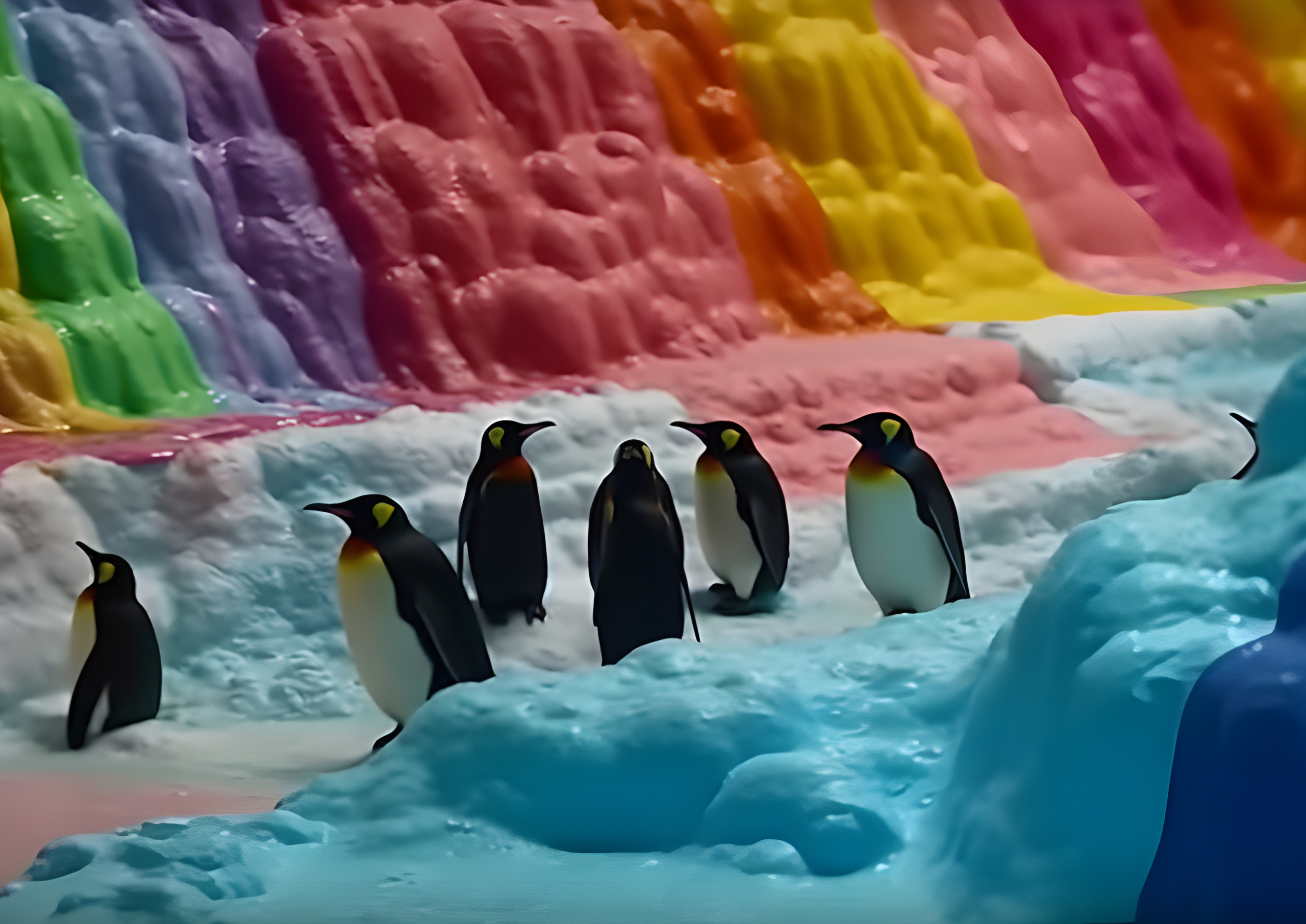 Penguins at the foot of a large rainbow coloured mountain - Impossible ...