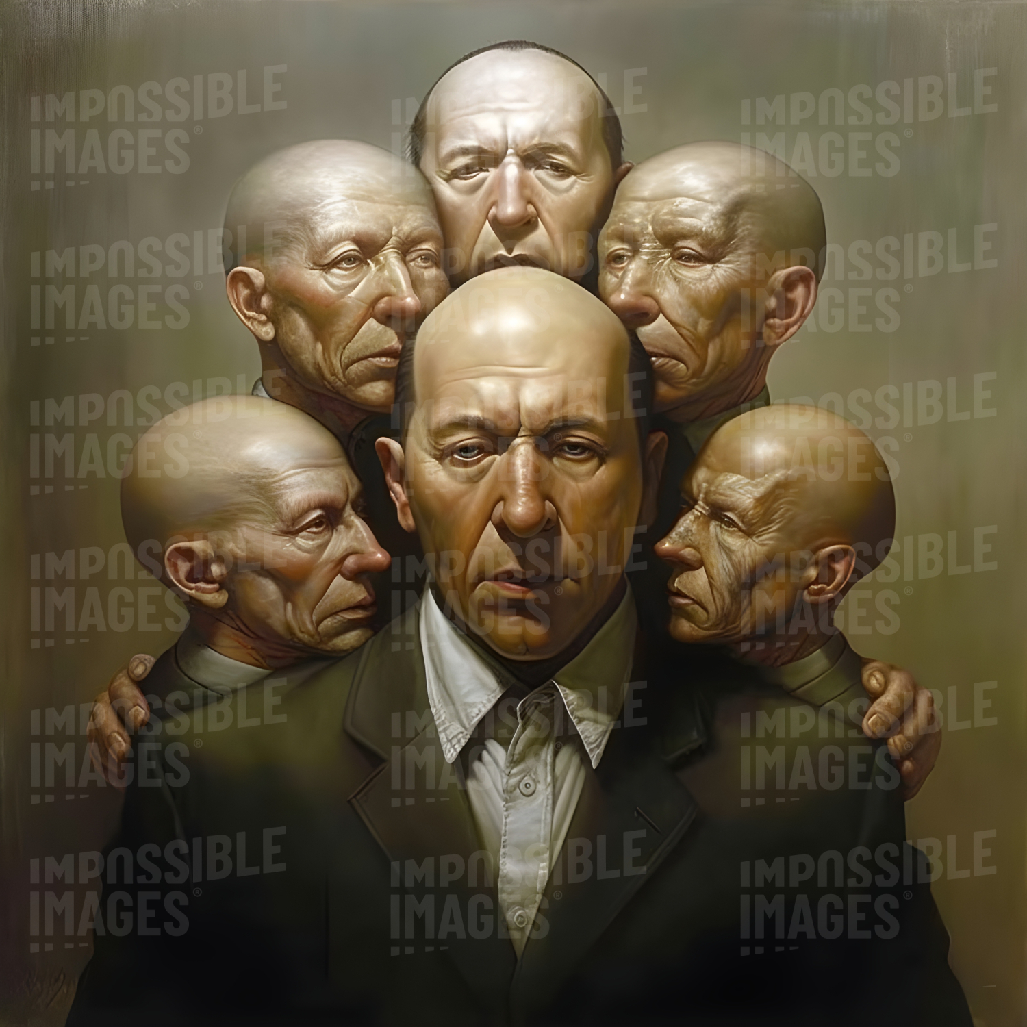 Man with five small heads peering over his shoulders, illustrating the ...