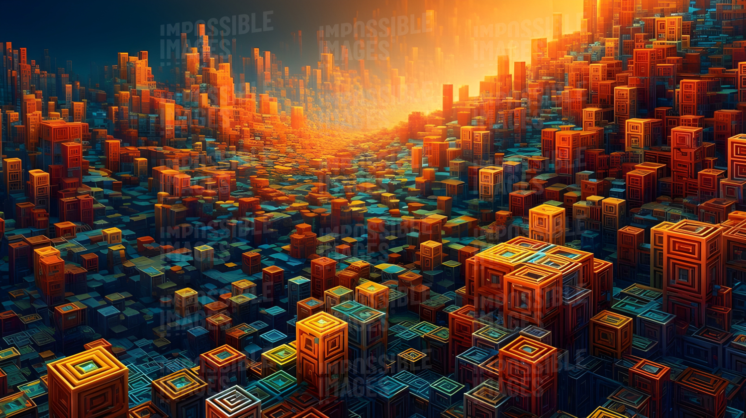 Abstract background of orange and blue cubes disappearing into the ...