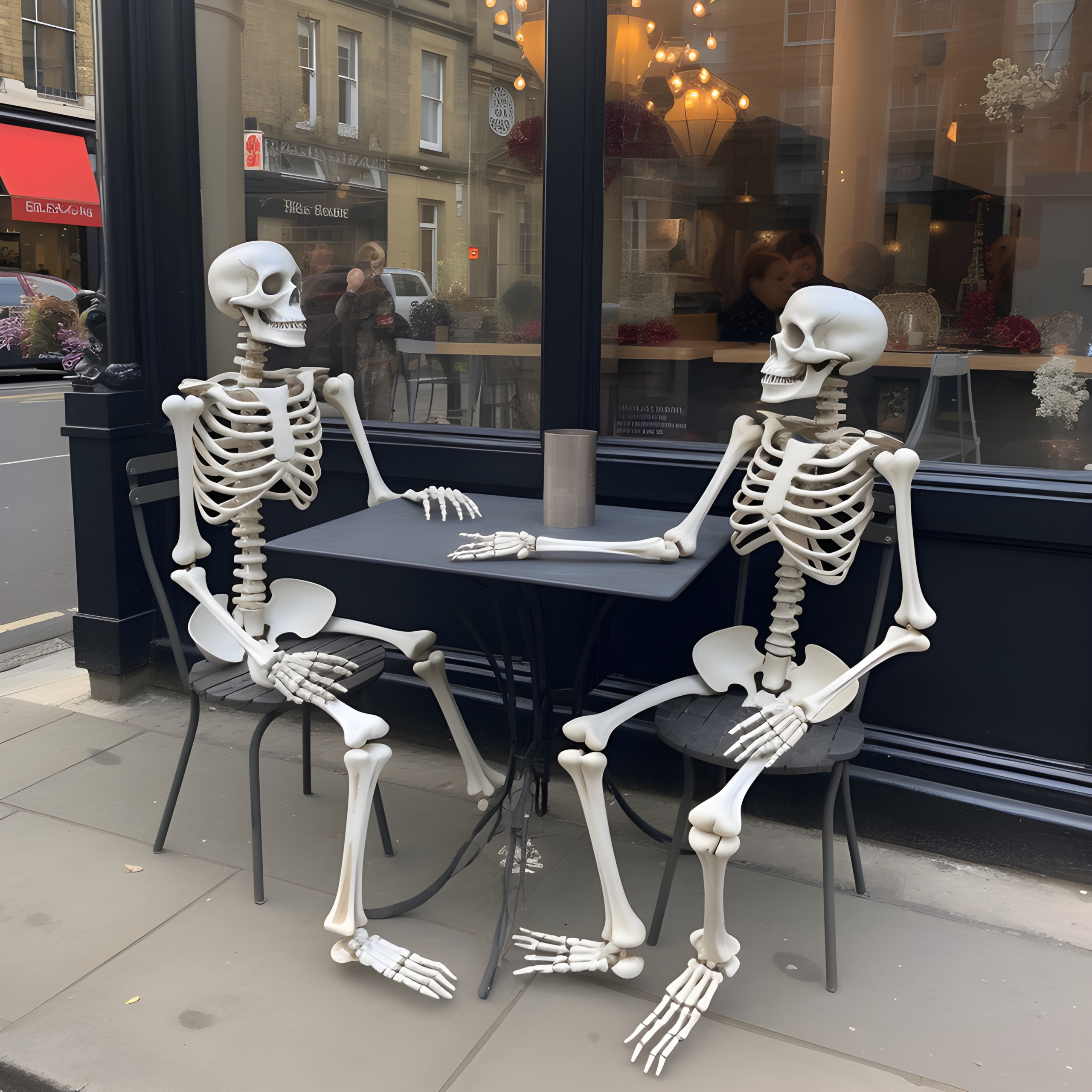 Skeleton friends having a chat outside a cafe - Impossible Images ...