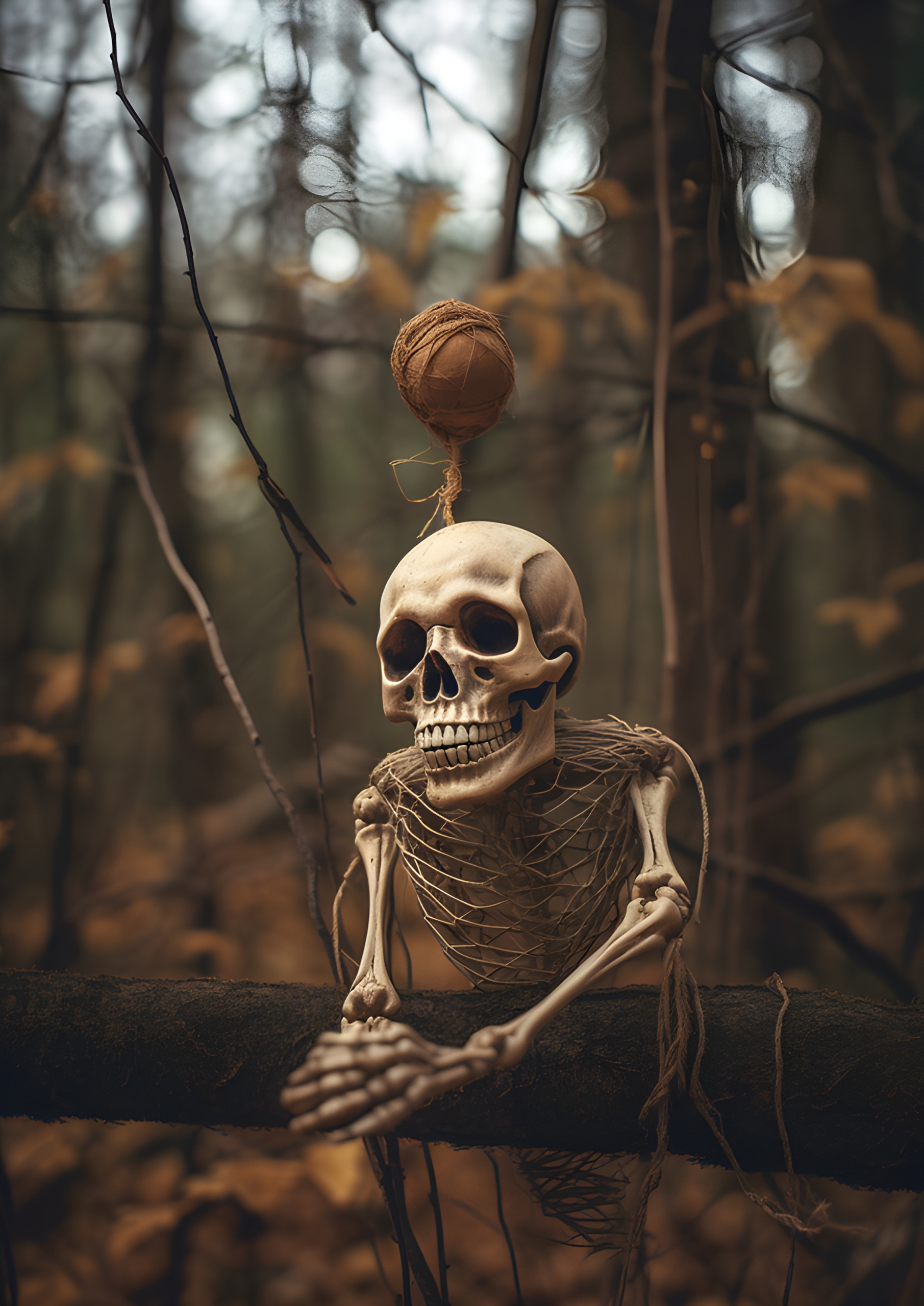 A reflective-looking skeleton leans on a log in the woods - Impossible ...