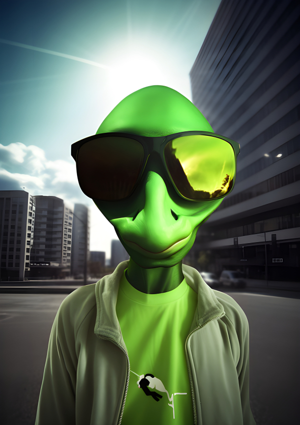 Green alien wearing sunglasses in the city - Impossible Images - Unique ...
