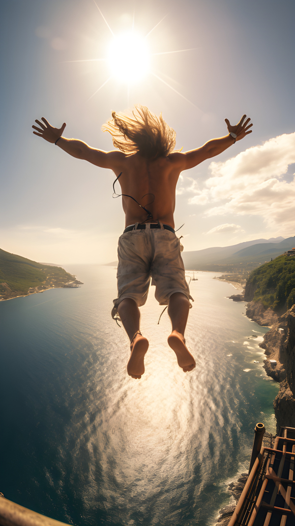 Man jumping off a high tower into the sea below - Impossible Images ...