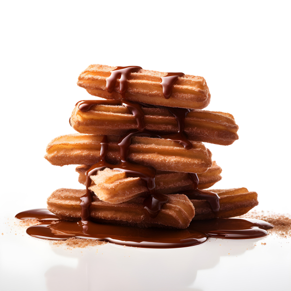 Stack of churros with chocolate sauce on white background - Impossible ...
