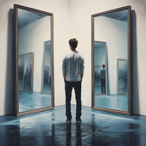"Lost in Reflection": A reflective image of a person standing in front ...