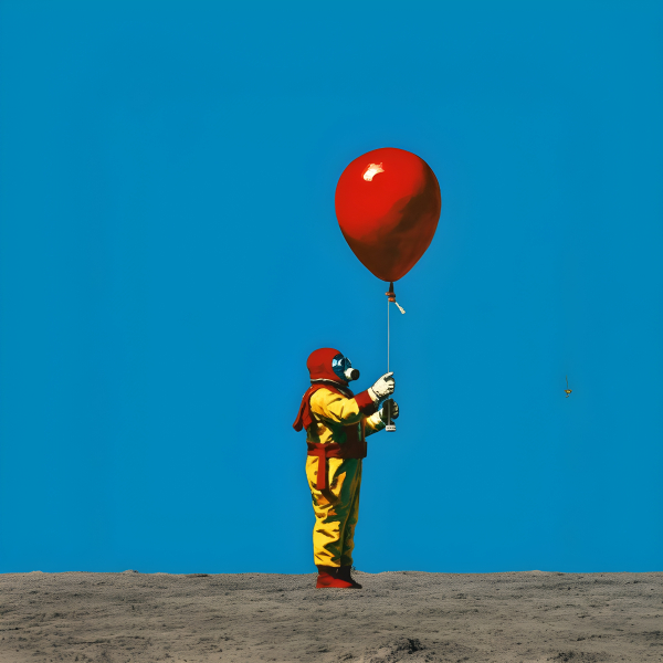 A Gas mask wearing person holding a large red Balloon. - Impossible ...