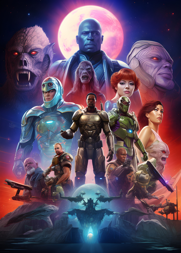 Illustrated sci fi action movie poster showing diverse human and alien ...