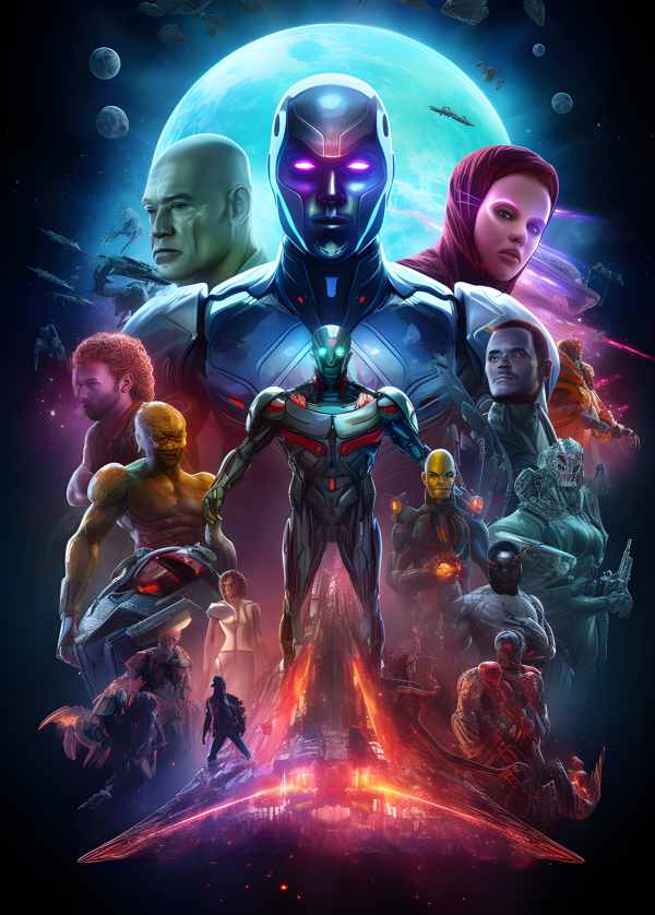 Illustrated sci fi action movie poster showing diverse human, cyborg and alien characters ...