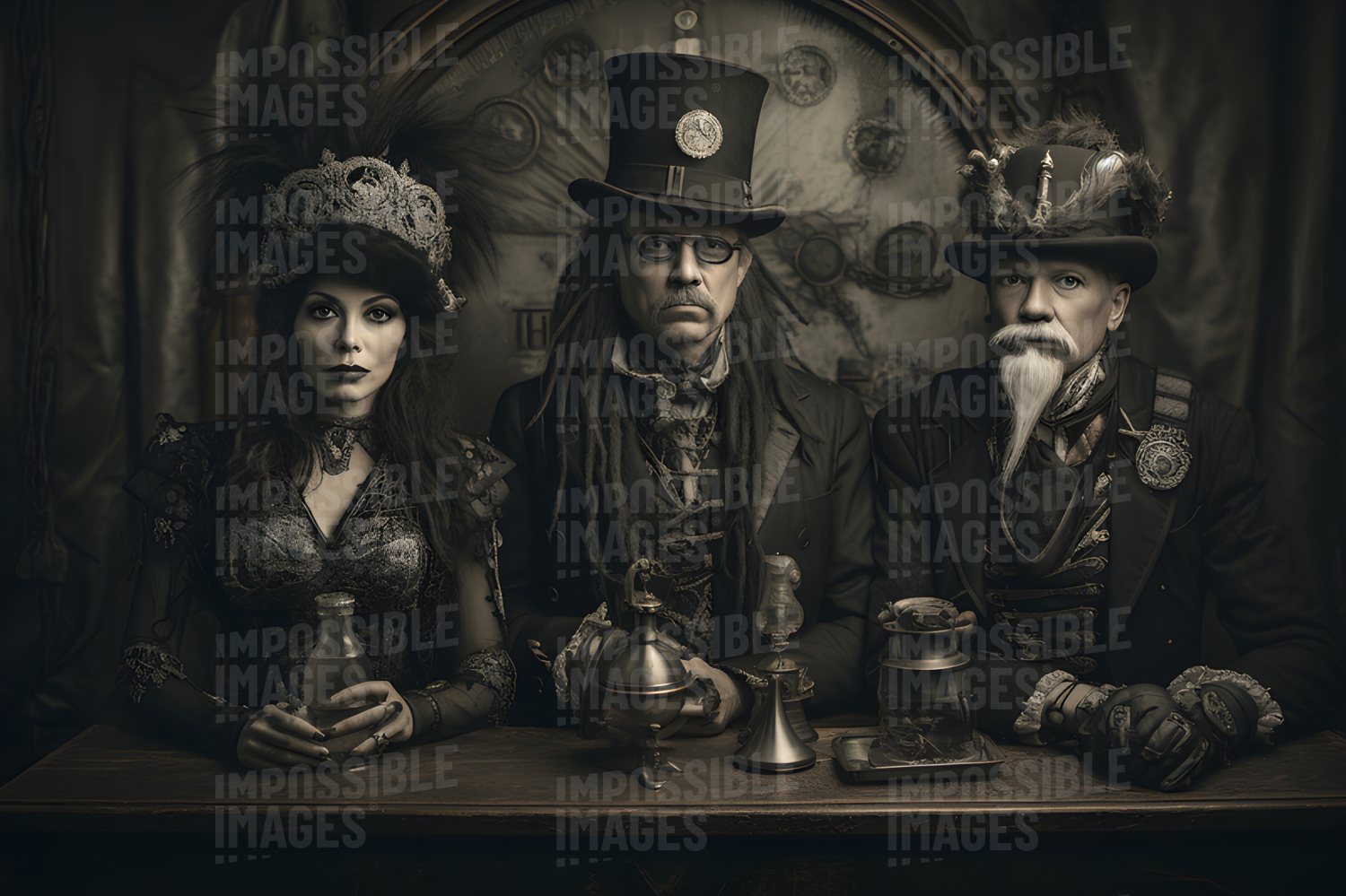 Formal portrait of a team of Victorian steampunk adventurers ...