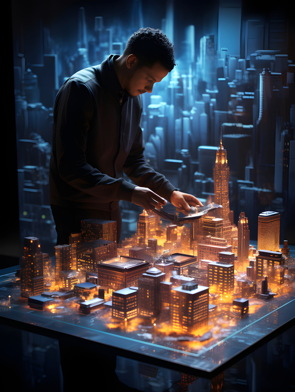 Man designing 3D holographic city - Impossible Images - Unique stock ...