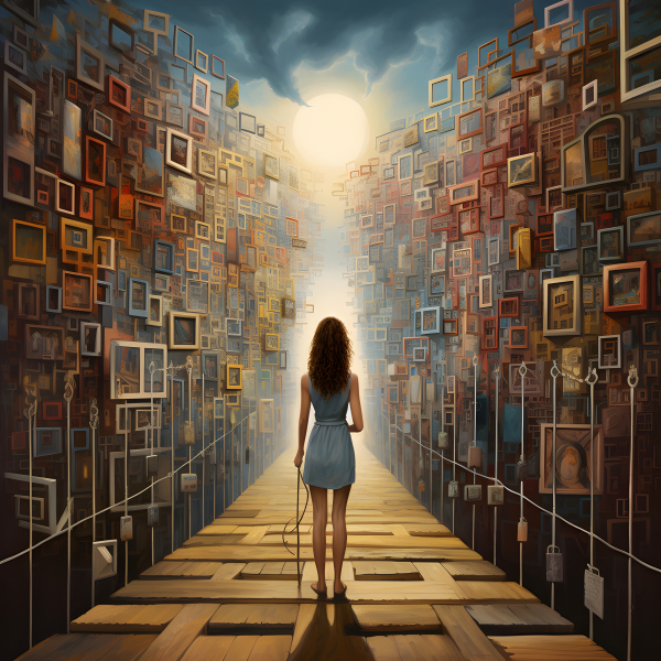 Girl standing in a gallery of endless picture frames - Impossible ...