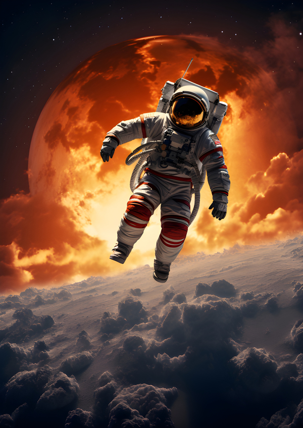 Play retro astronaut floating in the sky with an exploding star ...