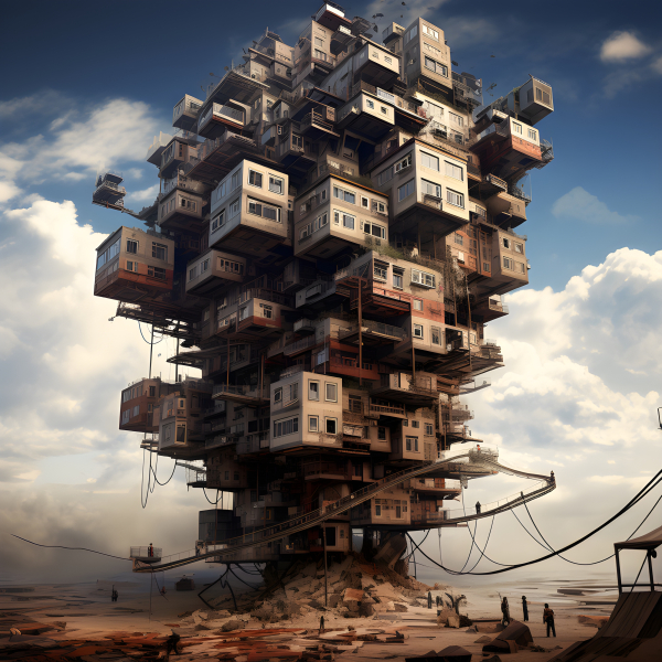 Blocky towering building made up of jammed together modules standing ...