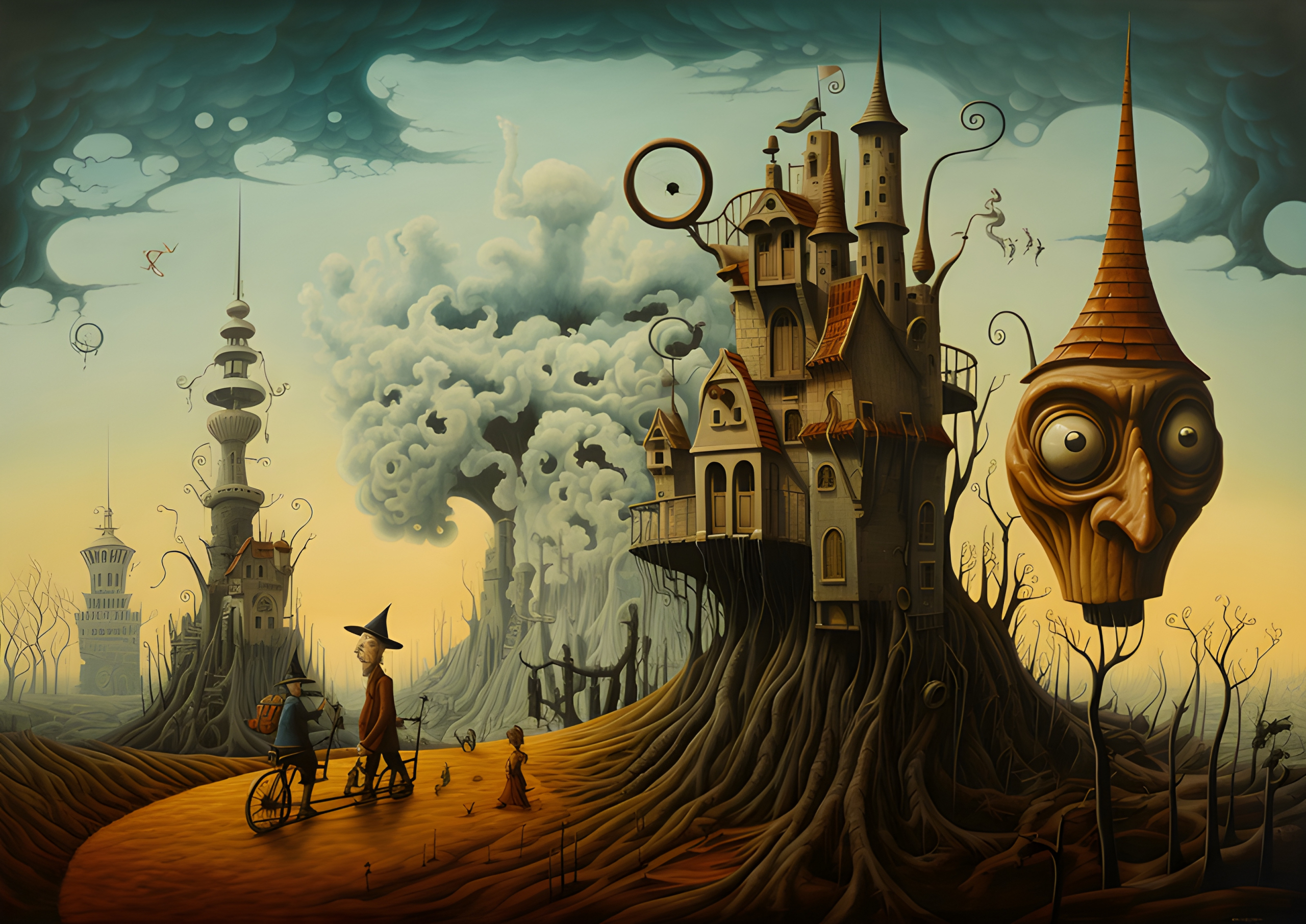 A fantasy land with a house built on tree roots and other strange ...