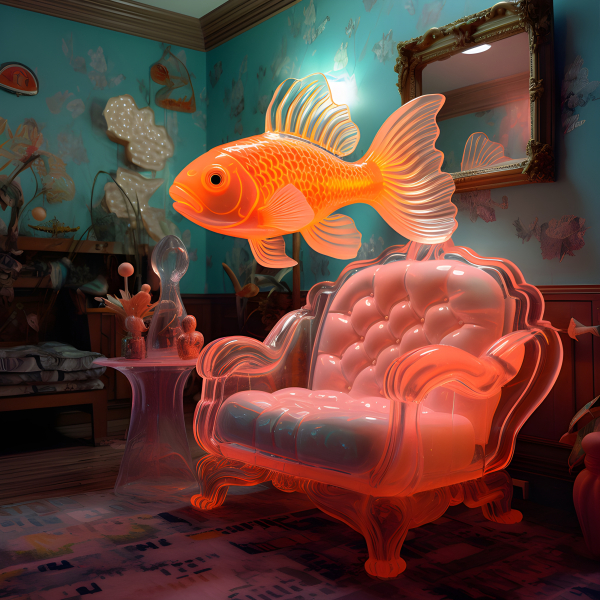 Neon Goldfish floating above a neon armchair in a reto Victorian ...