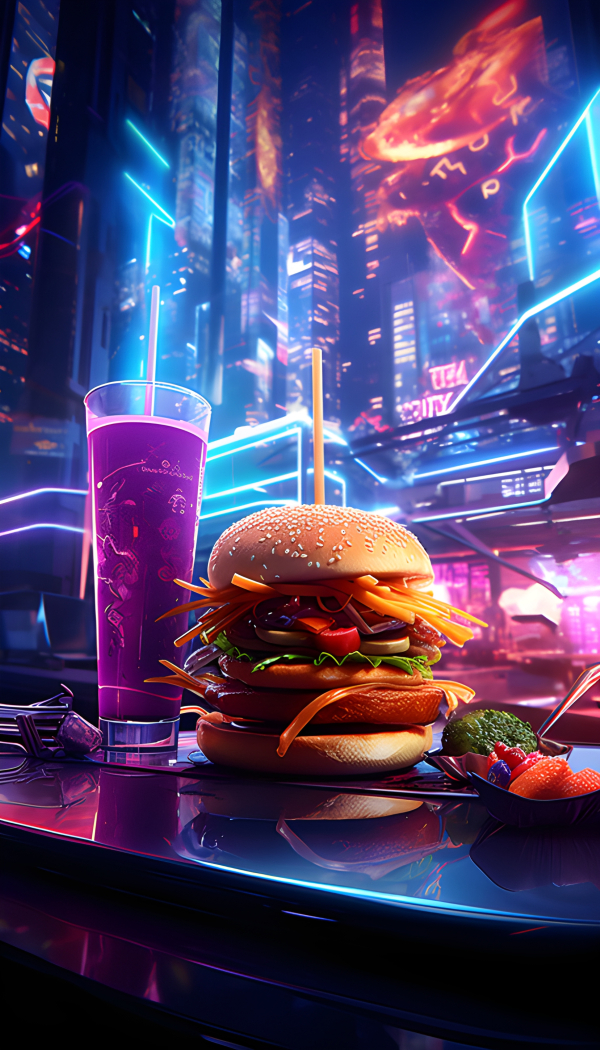 Burger in cyberpunk restaurant - Impossible Images - Unique stock ...