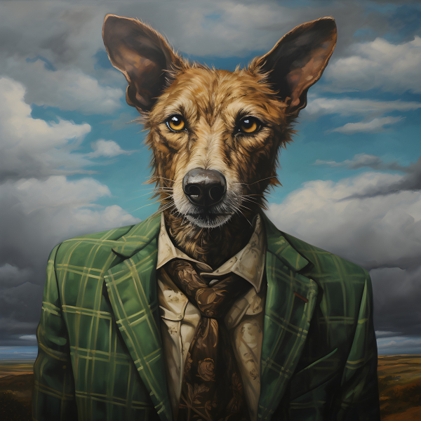A detailed painting of an anthropomorphic Dog wearing a green suit and ...