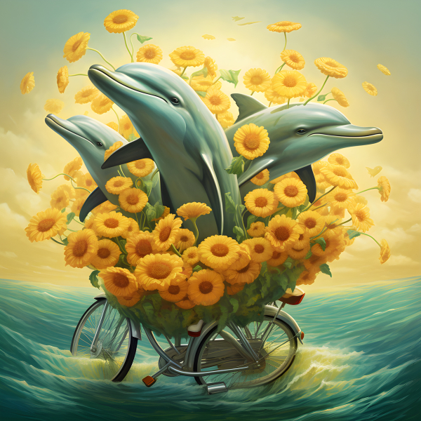 Dolphins, surrounded by flowets on a bike in the ocean. - Impossible ...