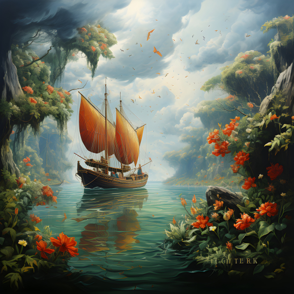 A ship in a mysterious land with blossoming flowers. - Impossible ...