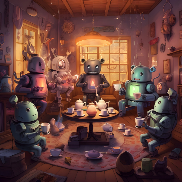 Robots having a tea party in a cozy, vintage-inspired living room ...