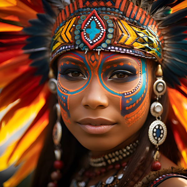 A woman with a vibrant Native American headpiece and her face painted ...