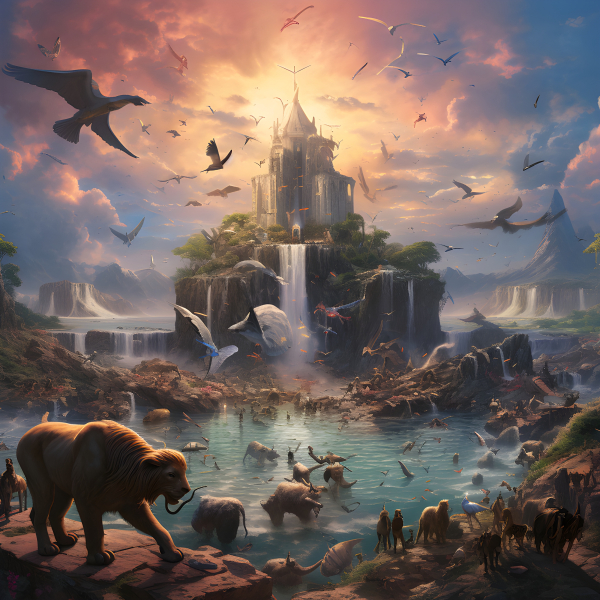 Prehistoric and fantastic animals at an oasis surrounding a fantasy ...