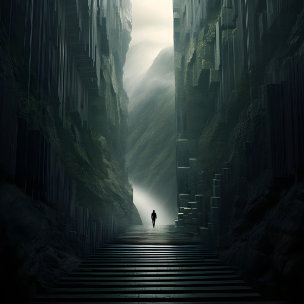 Man ascends a fantastic staircase carved through a mountain ...