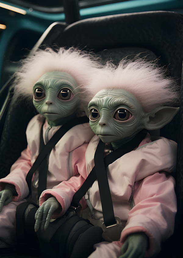 Alien twins in a car seat - Impossible Images - Unique stock images for commercial use.