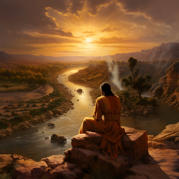 Biblical man sat on a mountain looking over a river at sunset ...