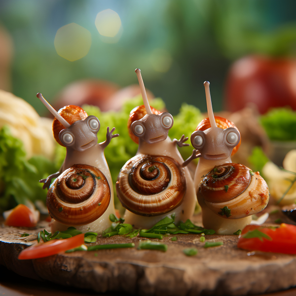Three happy smiling snails dancing in the salad - Impossible Images ...