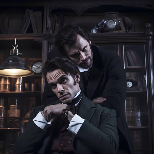 Doctor Jekyll seated in his study with Mister Hyde looming behind him ...