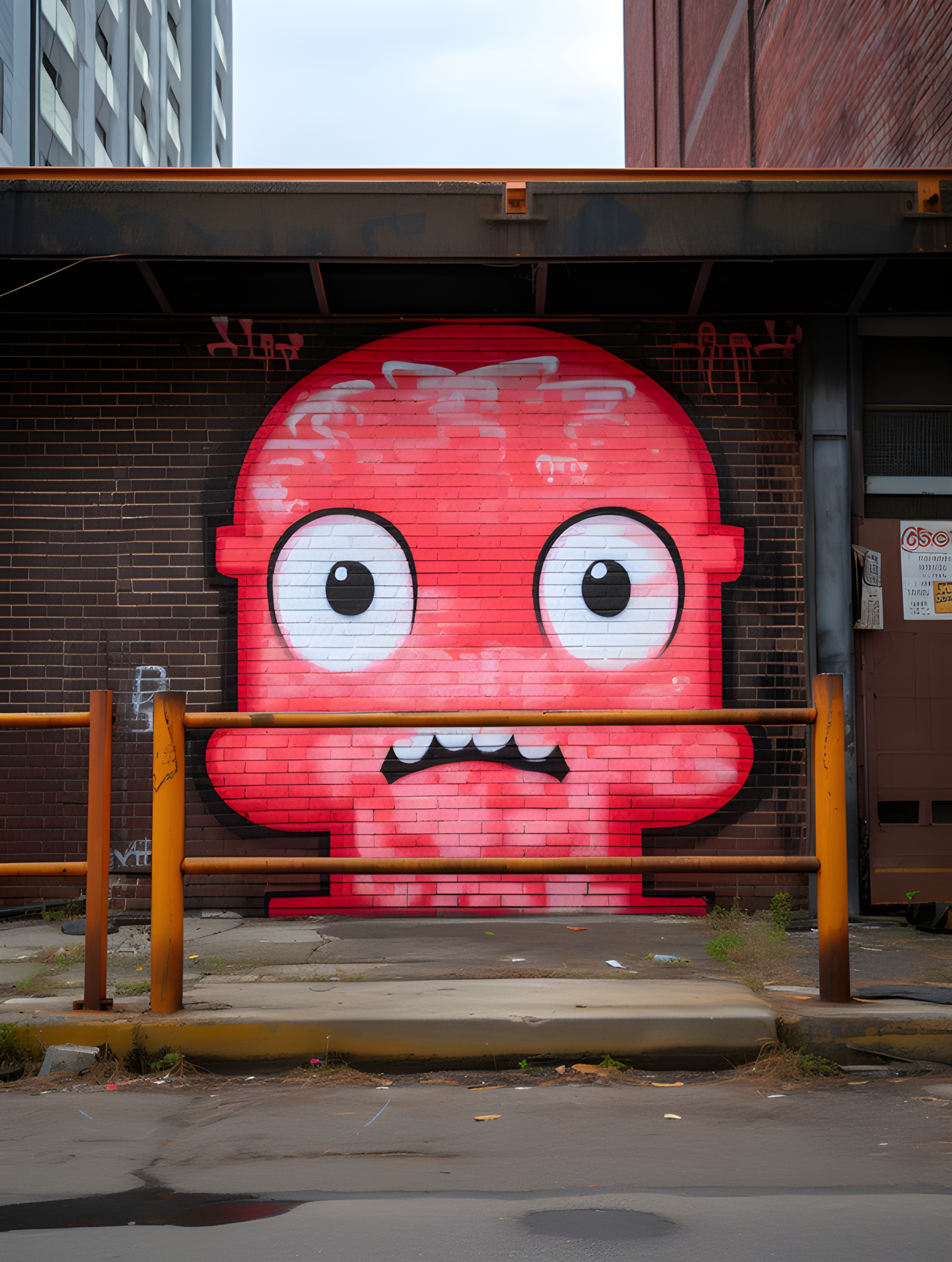 Red cartoon face graffiti on a brick wall - Impossible Images - Unique ...