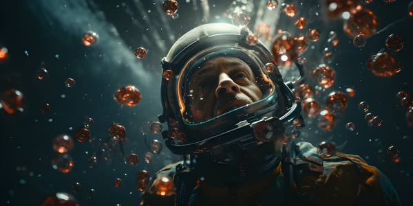 Awestruck astronaut looking at weird alien organisms floating around ...