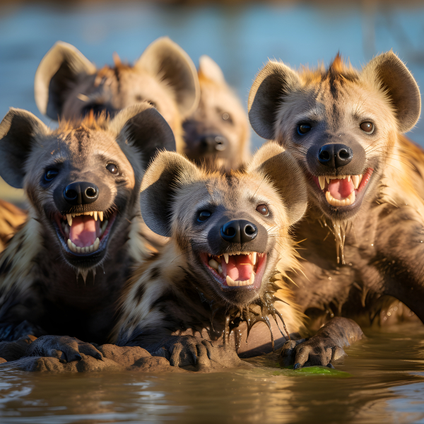 Cackle of hyenas at a watering hole - Impossible Images - Unique stock images for commercial use.