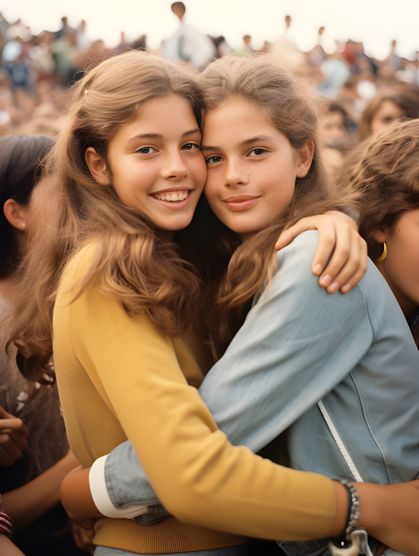 Two girls embracing in a festival crowd - Impossible Images - Unique ...